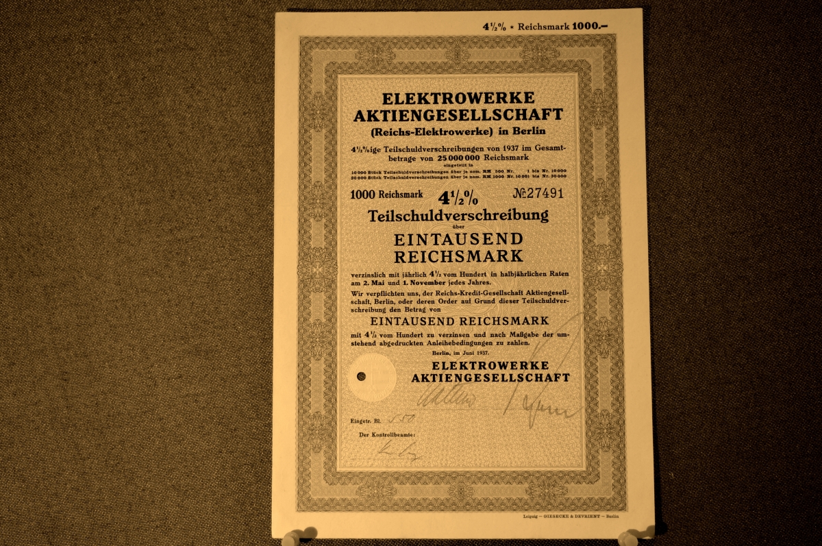 Купить Акция на 1000 рейхсмарок 1937 года, Германия (Третий рейх) в ...